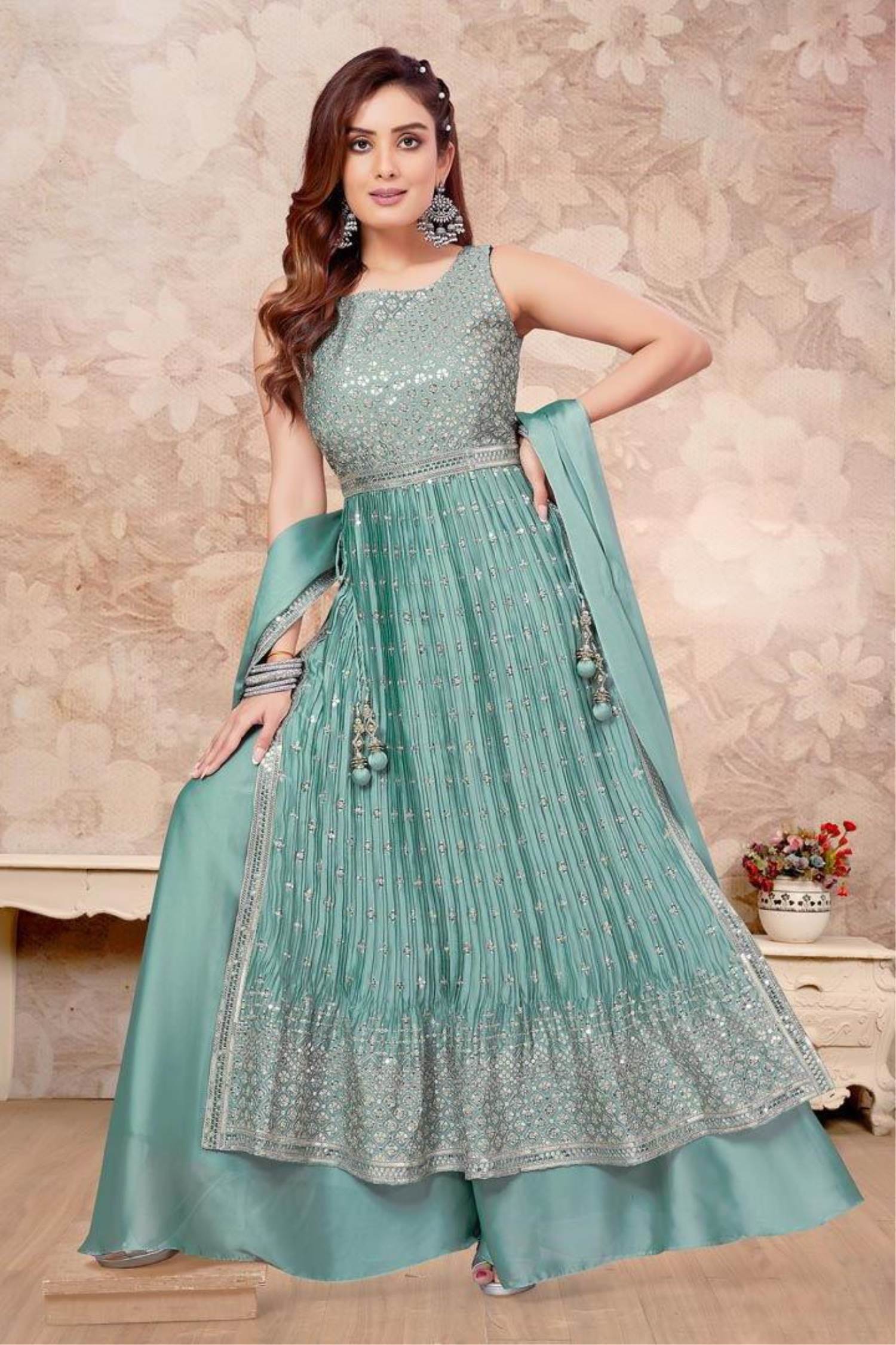 Sky Color Party Wear Designer Indo-Western Plazo Suit :: ANOKHI FASHION Sky Color Party Wear Designer Indo-Western Plazo Suit :: ANOKHI FASHION