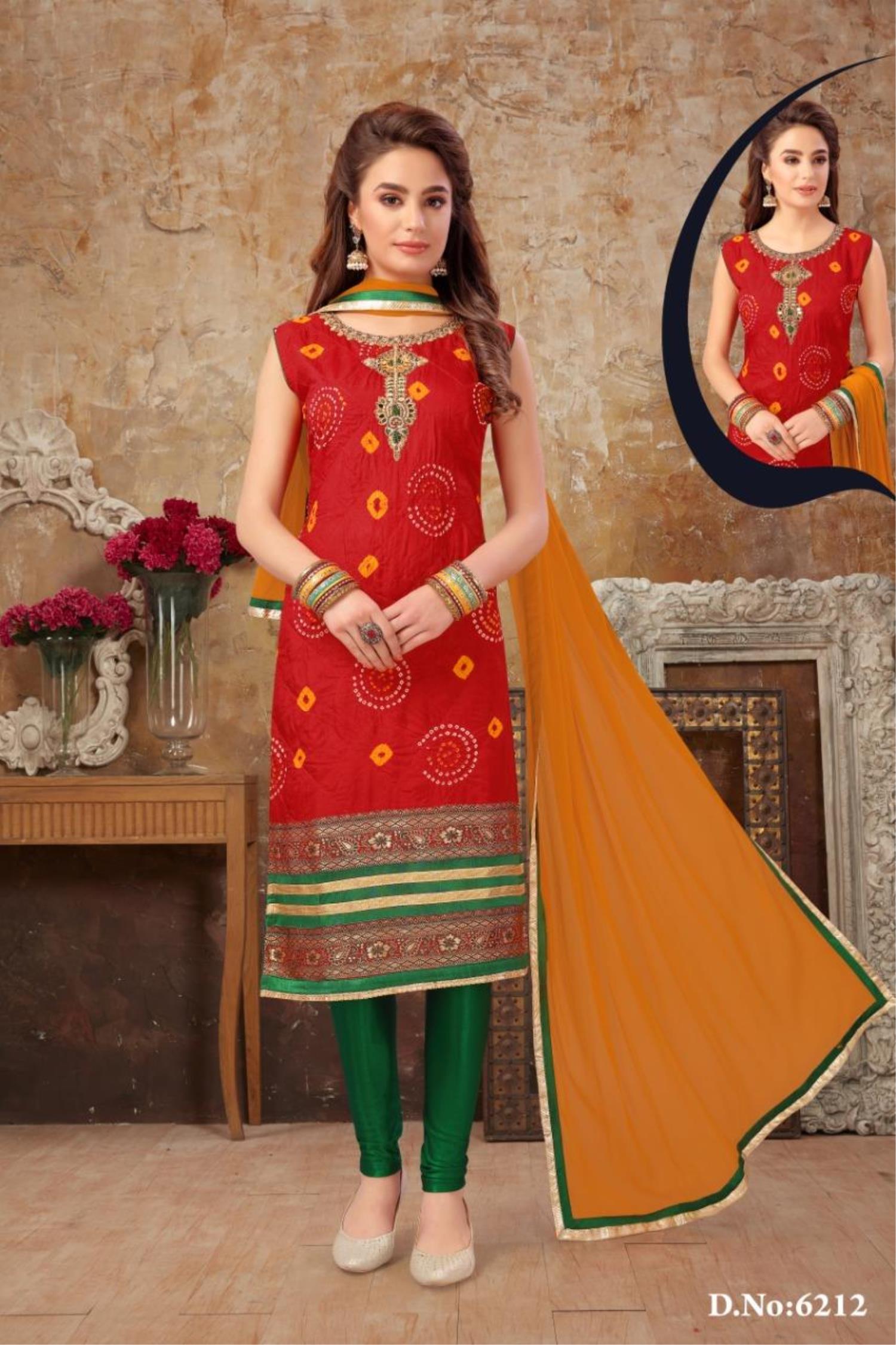 Red color Bandhni Style Churidar Dress :: ANOKHI FASHION