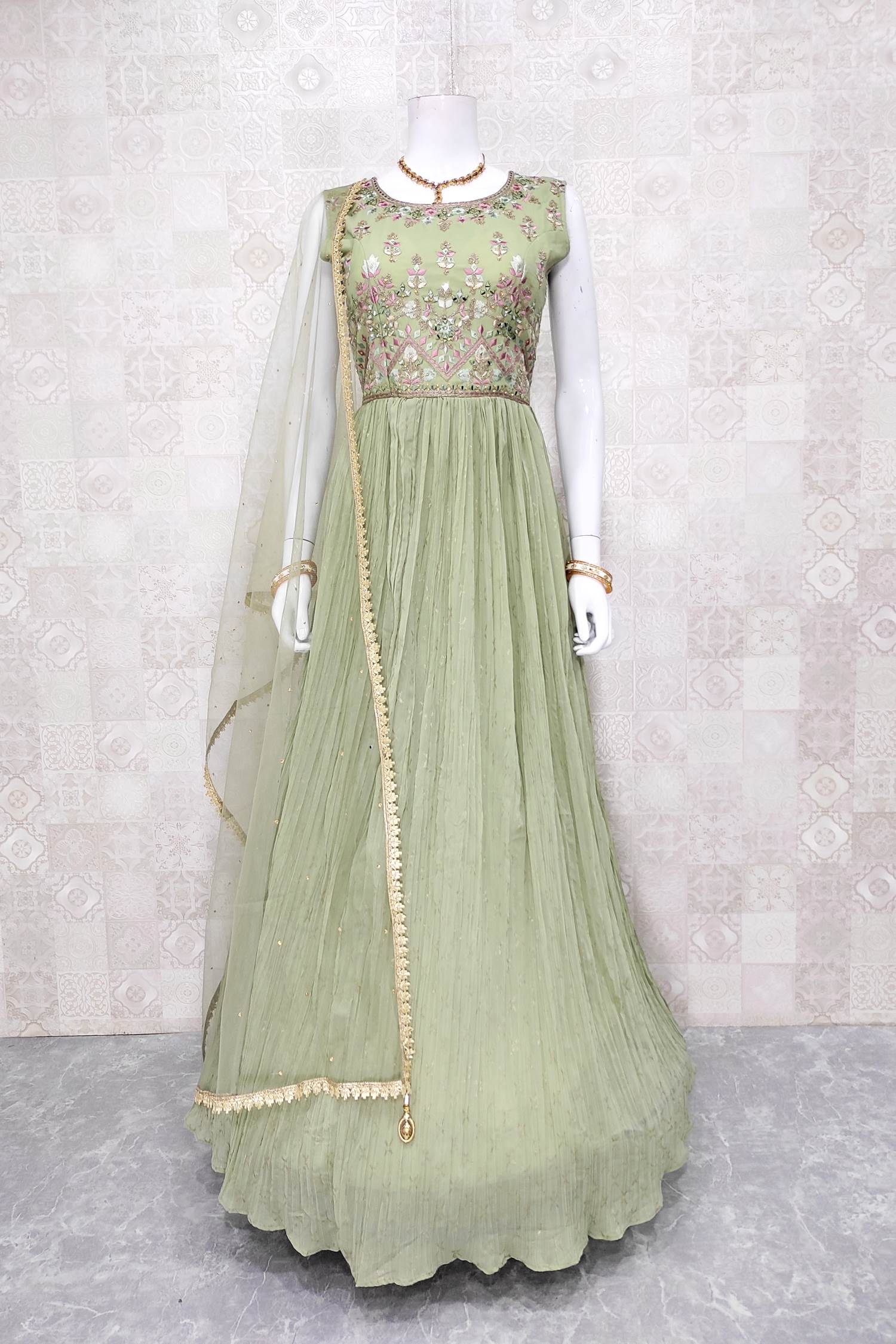 Pista Color Party Wear Designer Gown With Dupatta :: ANOKHI FASHION